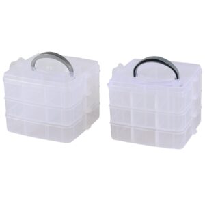 Farmoon 3 Tier Stackable Craft Storage Box with Adjustable Compartments, Small Clear Plastic Craft Box Bin, 2-Pack