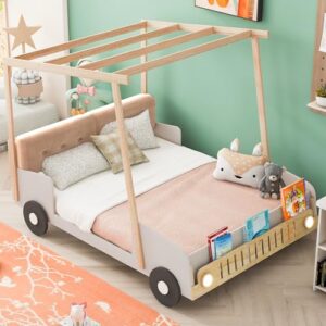 acosure full size race car bed platform bed with pillow,ceiling cloth and led light,wood bed frame w/magazine storage rack,for kids boys girls teens,natural