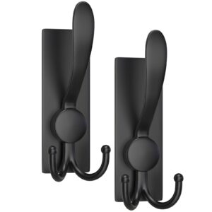 vinhold self-adhesive coat hooks with tri hooks, metal wall mounted towel hooks for hanging towels, coats, hats, pans, utility hooks for bathrooms, bedrooms,kitchens(2 pack，black)