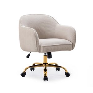 obmedin home office desk chair with arms gold wheels modern velvet upholstered rolling computer chair mid-back ergonomic adjustable swivel vanity chair for bedroom study office, beige,corduroy