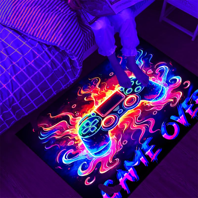 Manicer Neon Gaming Area Rug, Blacklight UV Reactive Game Controller Non-Slip Door Throw Rug Fluorescent Flannel Floor Mat Carpet, Glow in The Dark Play Mat for Bedroom, Playroom - 19.7" x 31.5"