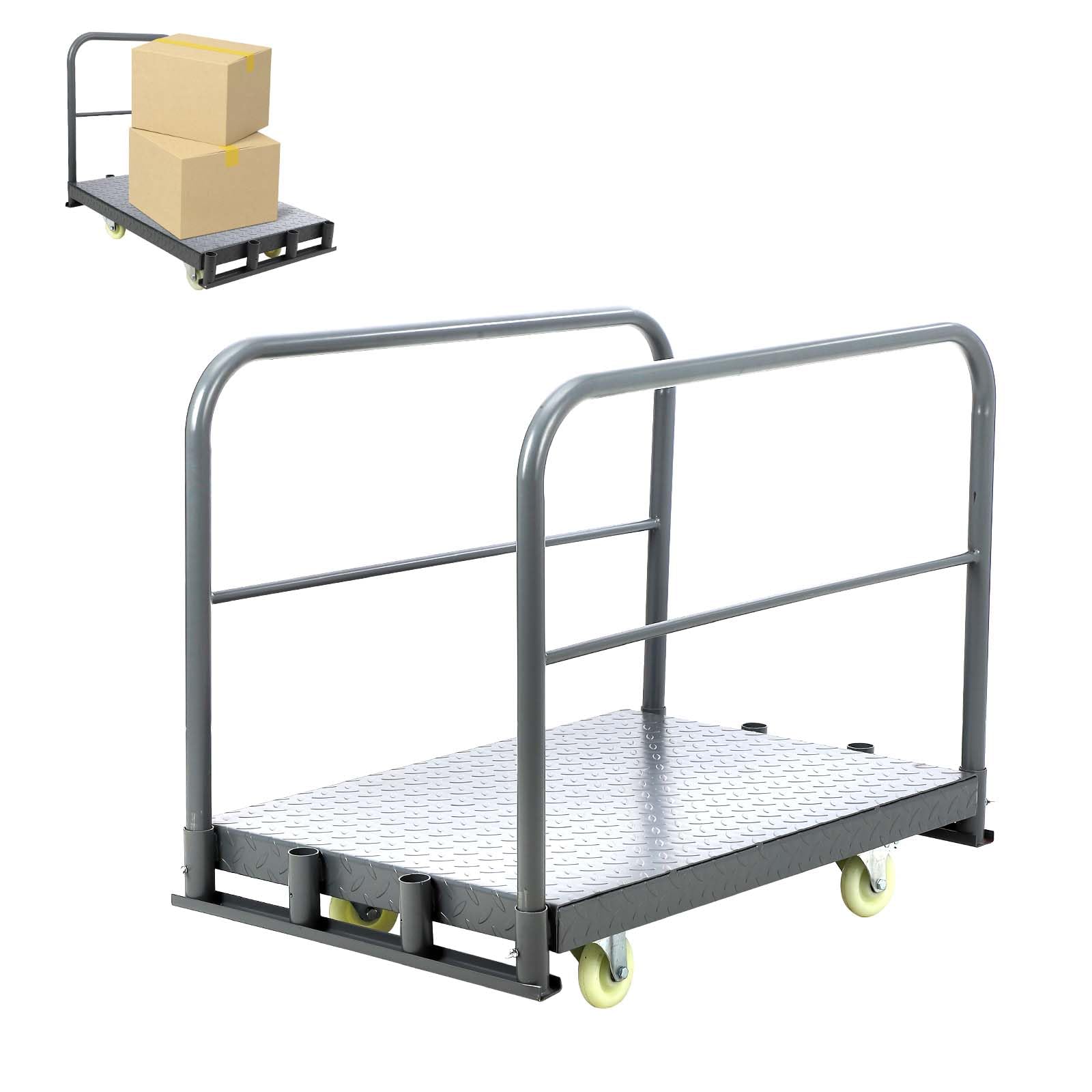 Steel Panel Truck Cart, Platform Truck Cart Heavy Duty Lumber Cart Drywall Dolly 2000 lbs Capacity with 360°Swivel Casters 1Front and 2 Side Handrails Push Cart for Carry Objects(36" x 24")