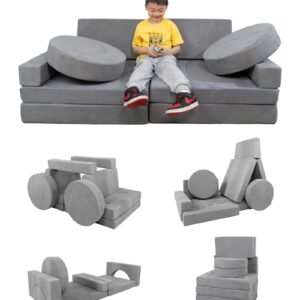 Manlilai Kids Sofa Couch 15PCS - Modular Toddler Play Couch with Removable Cover, Multifunctional Kids Couch for Playroom Bedroom - Convertible Foam Toddler Sofa for Girls and Boys (Gray)