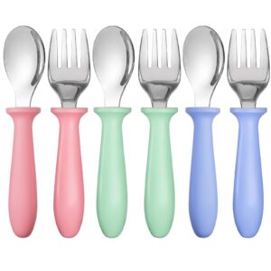 pimoys 6 pieces toddler utensils,toddler forks and spoons,kids silverware set with plastic handle stainless steel toddler silverware,dishwasher safe