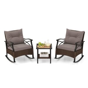 tangkula 3 pieces outdoor rocking chairs set, rattan heavy duty cushioned rocker chairs with 2-tier tempered glass coffee table, for garden, balcony, backyard