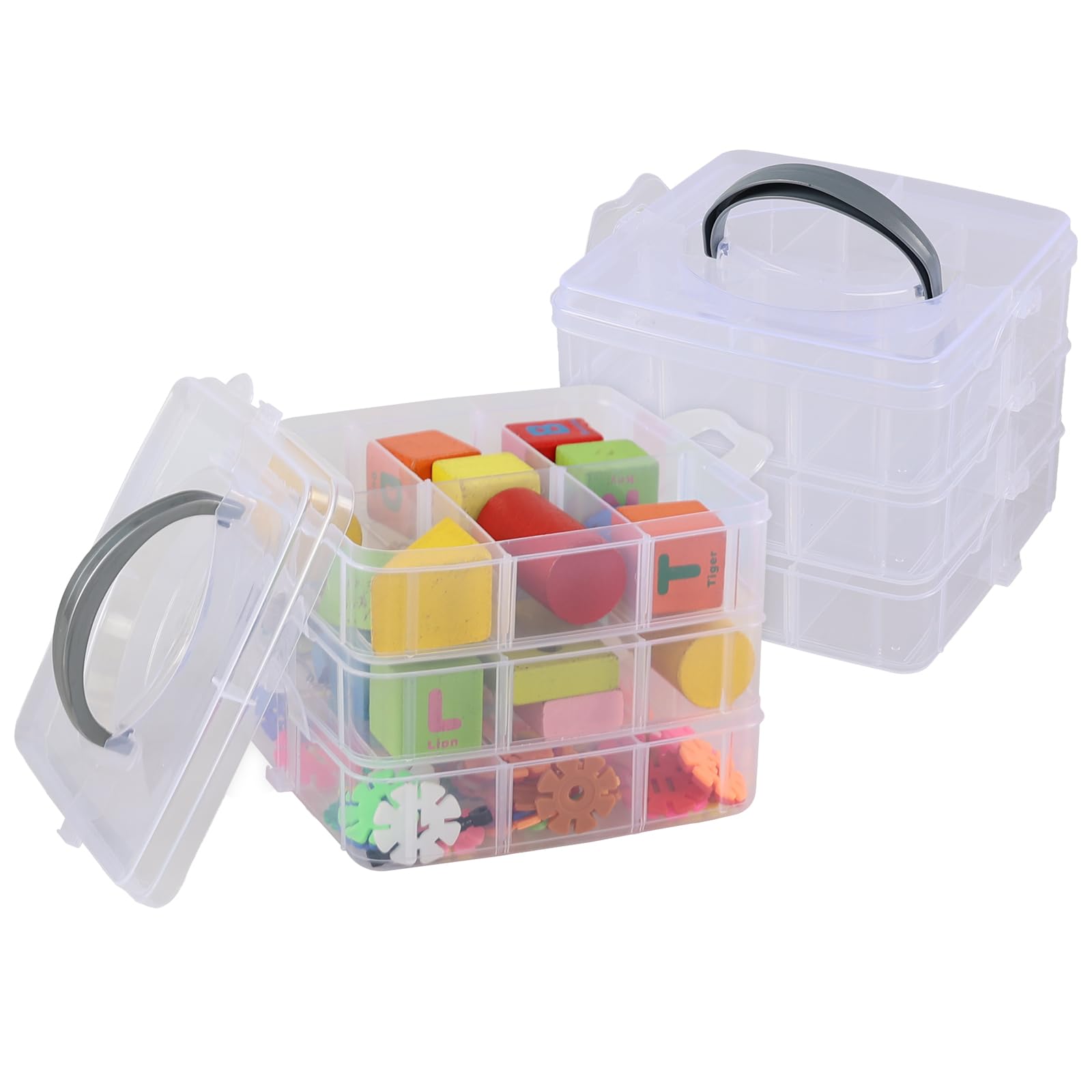 Farmoon 3 Tier Stackable Craft Storage Box with Adjustable Compartments, Small Clear Plastic Craft Box Bin, 2-Pack