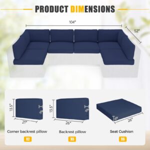 SUNCROWN Outdoor 14-Piece Replacement Cushions for Patio Furniture, Water-Resistant Cushion for 6-seat Patio Sectional Conversation Set, Liner&Cover(Dark Blue)