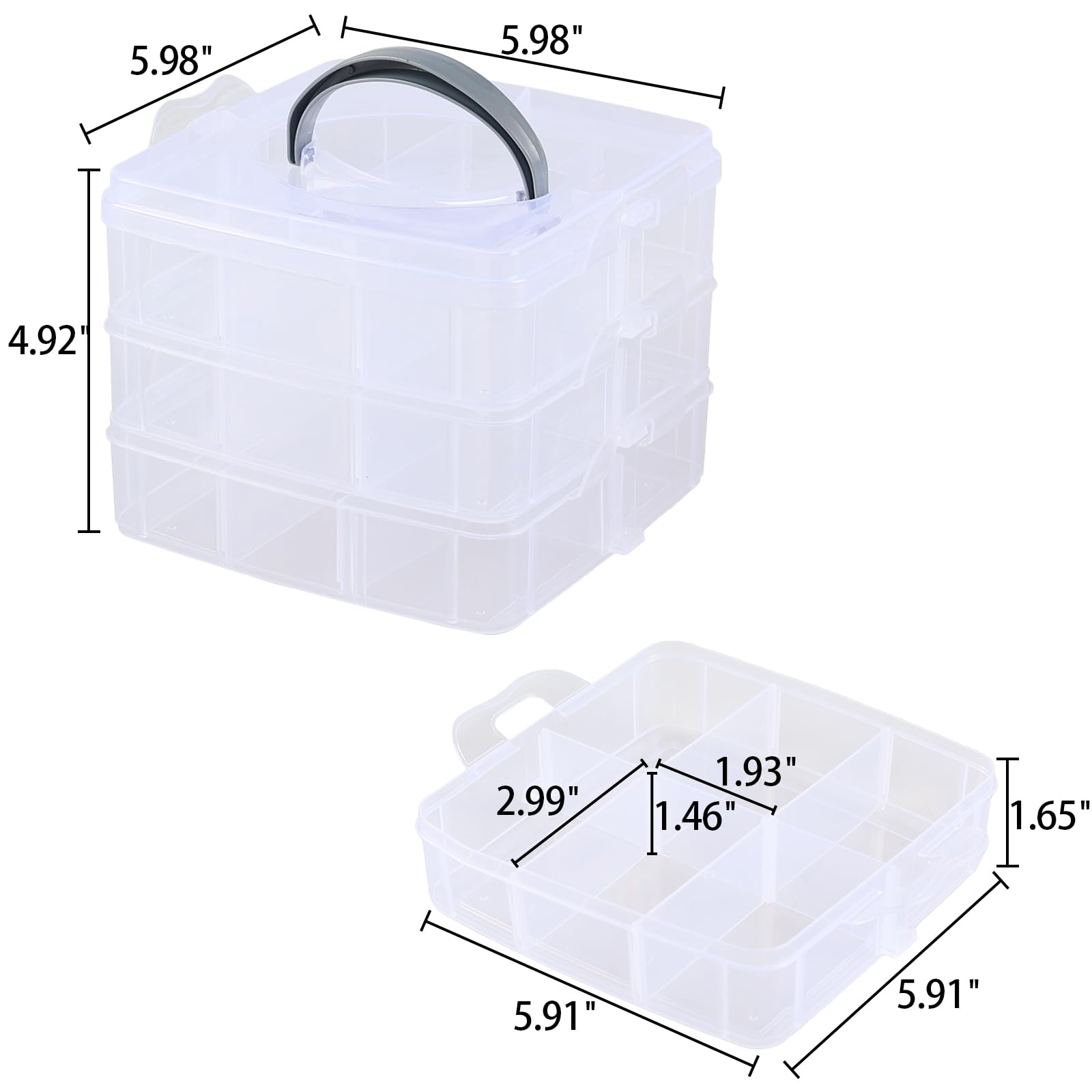 Farmoon 3 Tier Stackable Craft Storage Box with Adjustable Compartments, Small Clear Plastic Craft Box Bin, 2-Pack