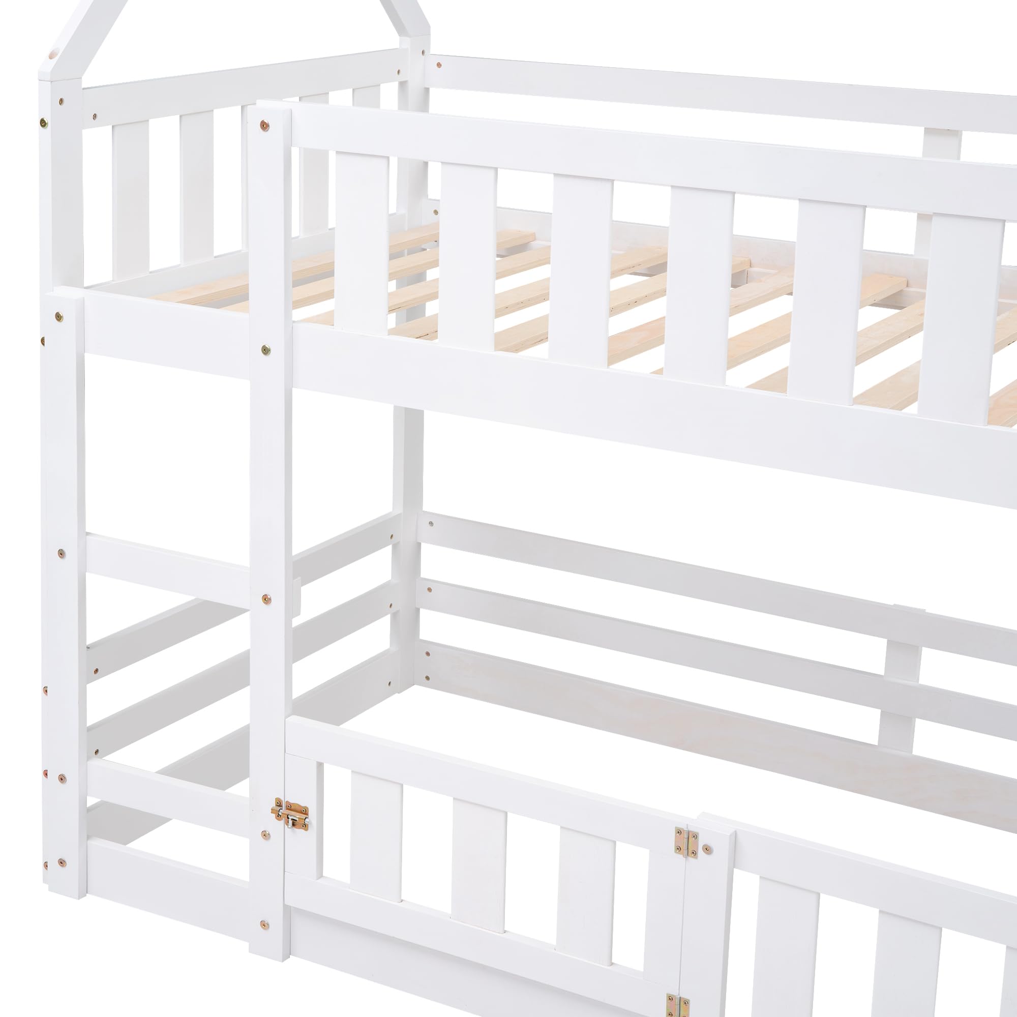 LUKEEHOM Bunk Bed Twin Over Twin House Bunk Bed with Fence and Door Wood Floor Bunk Bed for Boys Girls Teens, No Box Spring, Easy Assembly