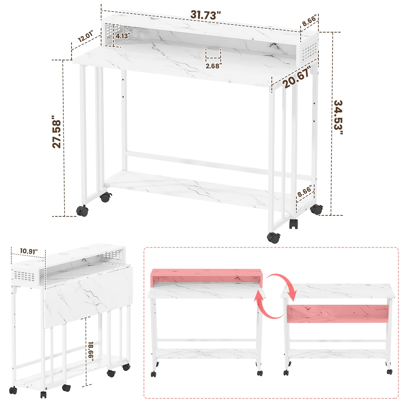 Gezen Folding Desk with Double Storage Shelves, Small Rolling Desk with Wheels for Living Room Bedroom, Mobile Computer Desk Portable Laptop PC Desk Writing Table for Small Space, 31.5", White Marble