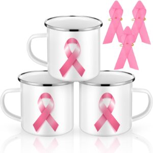 potchen 3 set breast cancer awareness mini coffee mug with pink ribbon pin pink ribbon enamel mugs breast cancer mini drinking cups for tiered tray decoration breast cancer survivor gifts for women