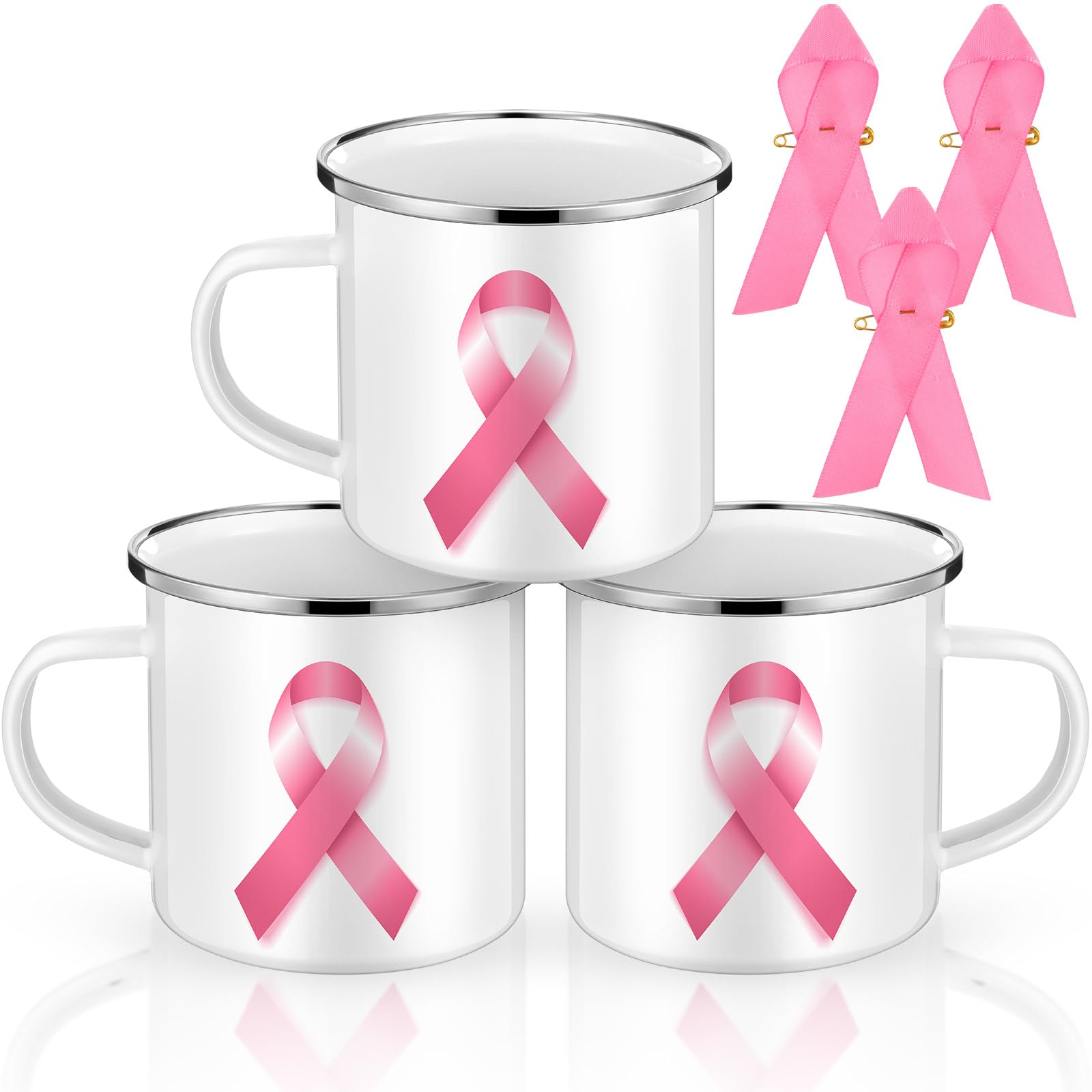 Potchen 3 Set Breast Cancer Awareness Mini Coffee Mug with Pink Ribbon Pin Pink Ribbon Enamel Mugs Breast Cancer Mini Drinking Cups for Tiered Tray Decoration Breast Cancer Survivor Gifts for Women