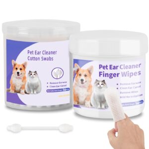 vivaali dog ear cleaner set dog ear wipes with cotton swabs, each 56pcs,ear cleaning finger wipes for dogs & cats, soft&gently remove ear wax, debris, natural ingredients