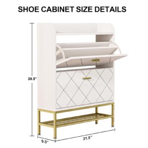 VTRIN Shoe Cabinet with 2 Flip Drawers, Wooden Shoe Organizer Cabinet Modern Sturdy Hidden Shoe Rack Cabinet with Metal Legs Narrow Shoe Cabinet for Entryway Shoe Storage Cabinet, White