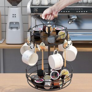 coffee mug holder, 360 degree rotatable mug tree stand, 2 tiers handle coffee cup holder with 10 mug hooks, coffee pod holder with cup pods, saucer basket storage & handle for kitchen coffee bar