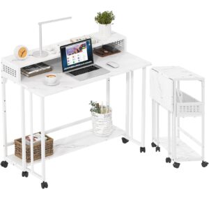 gezen folding desk with double storage shelves, small rolling desk with wheels for living room bedroom, mobile computer desk portable laptop pc desk writing table for small space, 31.5", white marble