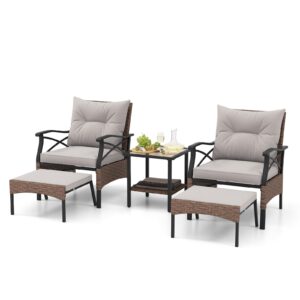 tangkula 5 pieces wicker patio furniture set, outdoor rattan chairs with ottomans, cushions and 2-tier tempered glass side table, patio conversation bistro set for garden, porch, balcony