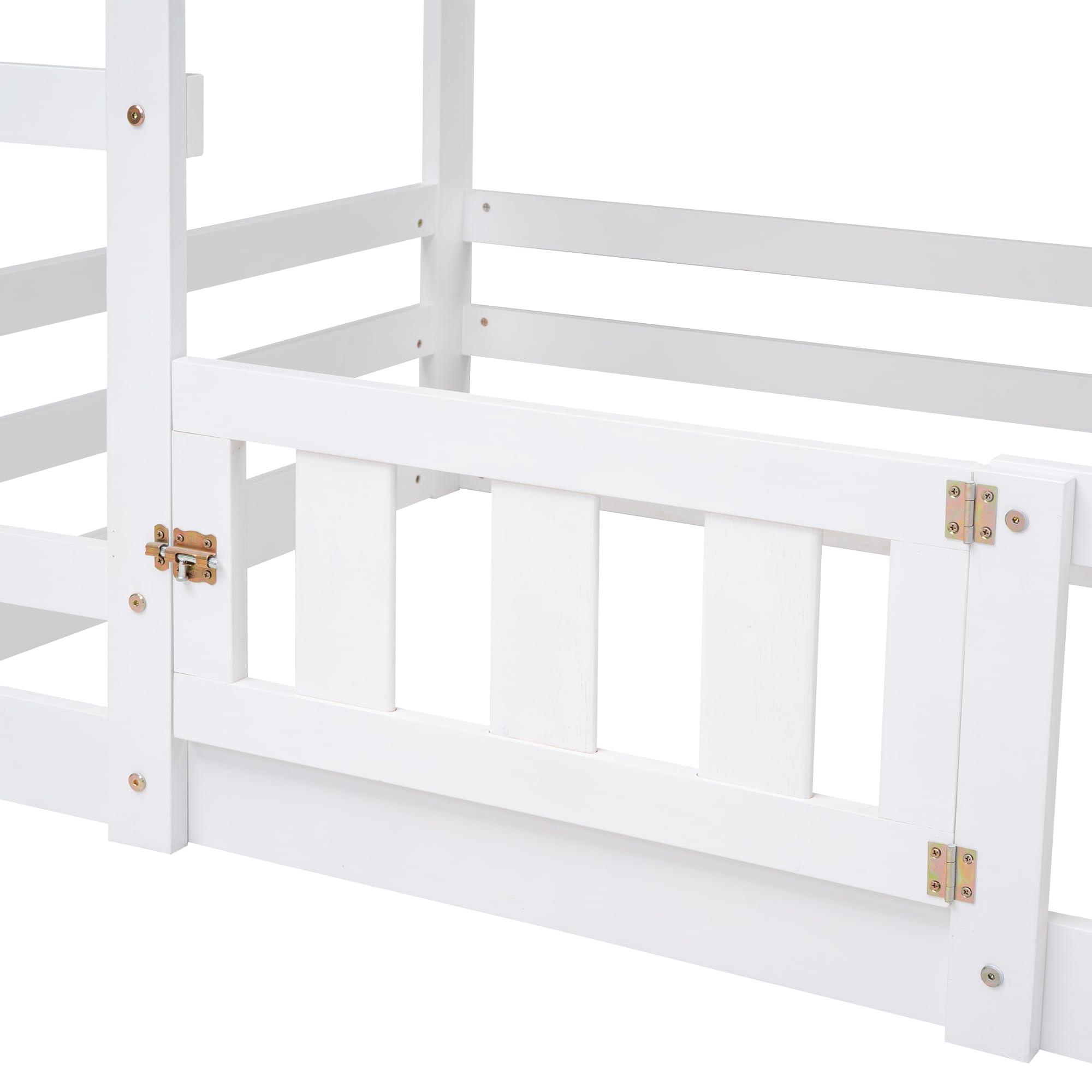 LUKEEHOM Bunk Bed Twin Over Twin House Bunk Bed with Fence and Door Wood Floor Bunk Bed for Boys Girls Teens, No Box Spring, Easy Assembly