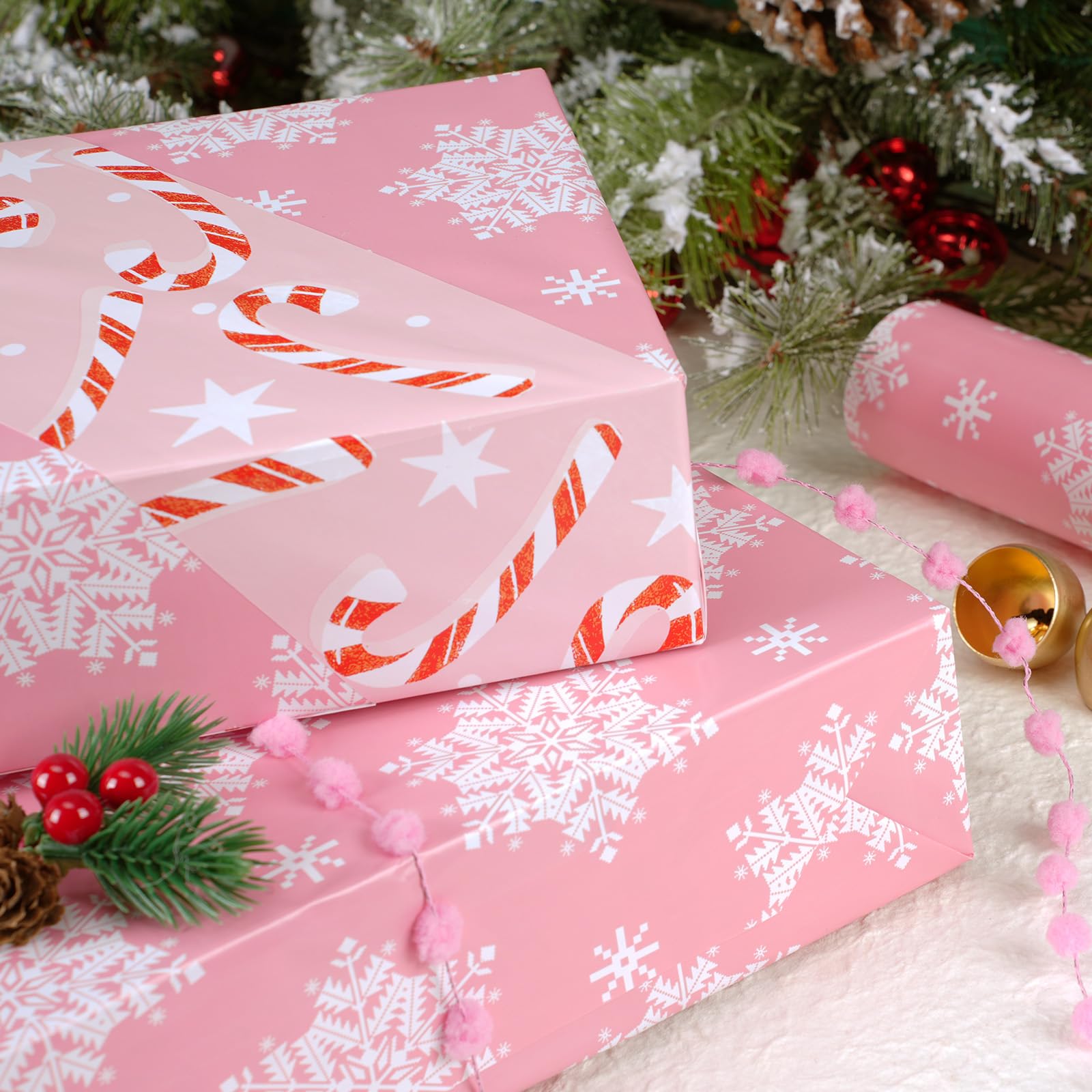 LaRibbons Reversible Christmas Wrapping Paper Jumbo Roll with Pink Pom Pom, Classic Candy Cane/Snowflake Gift Wrap Set for Christmas, Party, Holiday Celebration, 30 Inch × 40 Feet (100 sq. ft. ttl.)