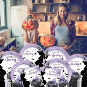 96Pcs Halloween Baby Shower Party Plates Supplies - A Baby is Brewing Halloween Party Tableware Decorations Gender Reveal Disposable Paper Plates Napkins Forks for for Baby Boy Girl Serves 24 Guests