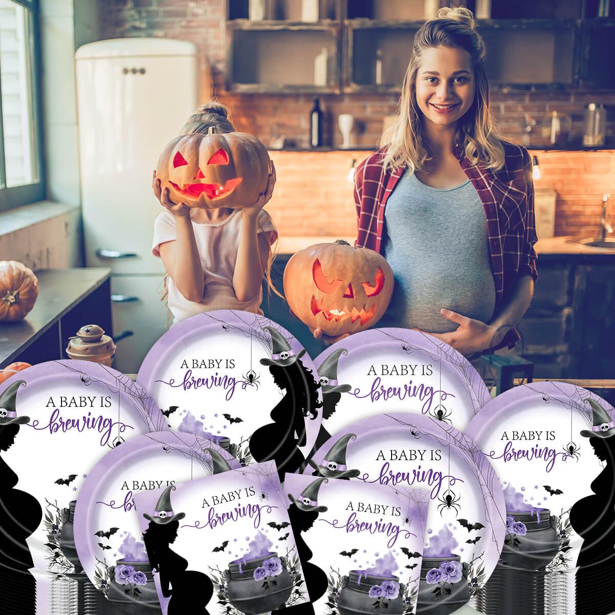 96Pcs Halloween Baby Shower Party Plates Supplies - A Baby is Brewing Halloween Party Tableware Decorations Gender Reveal Disposable Paper Plates Napkins Forks for for Baby Boy Girl Serves 24 Guests