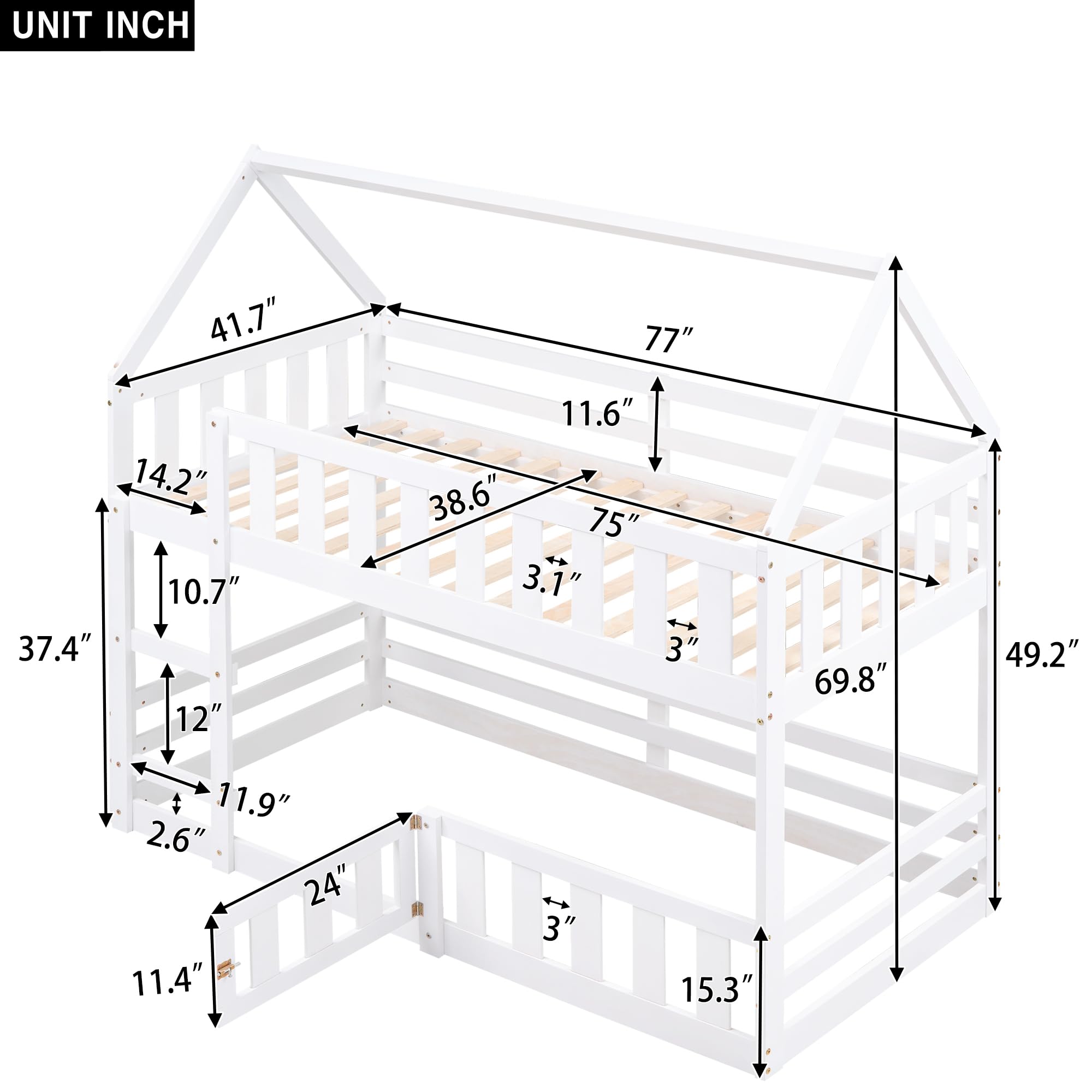 LUKEEHOM Bunk Bed Twin Over Twin House Bunk Bed with Fence and Door Wood Floor Bunk Bed for Boys Girls Teens, No Box Spring, Easy Assembly