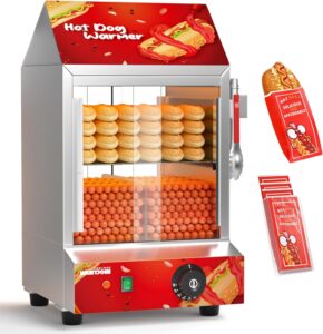 wantjoin hot dog steamer, 2 tiers electric hot dog steamer with bun warmer 27 l/24.52 qt, visuable glass slide doors suit for 175 hot dogs and 40 buns, red