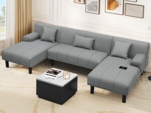 yitahome sectional couches for living room, u shaped sofa faux leather modern modular couch with usb & type c charging ports double chaise and comfy upholstered, dark grey