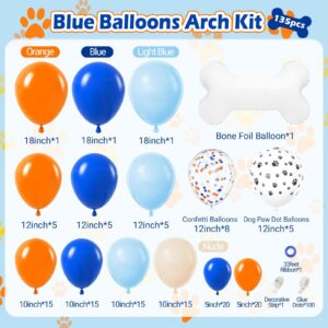 136pcs Blue Balloon Garland Arch Kit, DIY Blue Orange Nude White Dog Bone Paw Print Balloons Arch for Theme Baby Shower Anniversary Blue Birthday Party Decorations