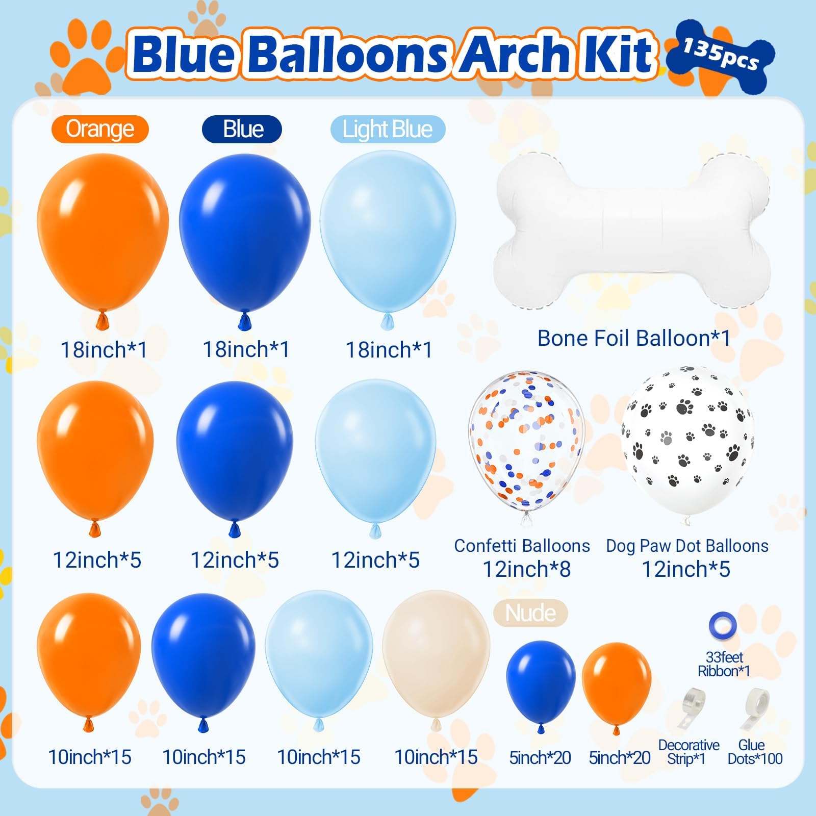 136pcs Blue Balloon Garland Arch Kit, DIY Blue Orange Nude White Dog Bone Paw Print Balloons Arch for Theme Baby Shower Anniversary Blue Birthday Party Decorations