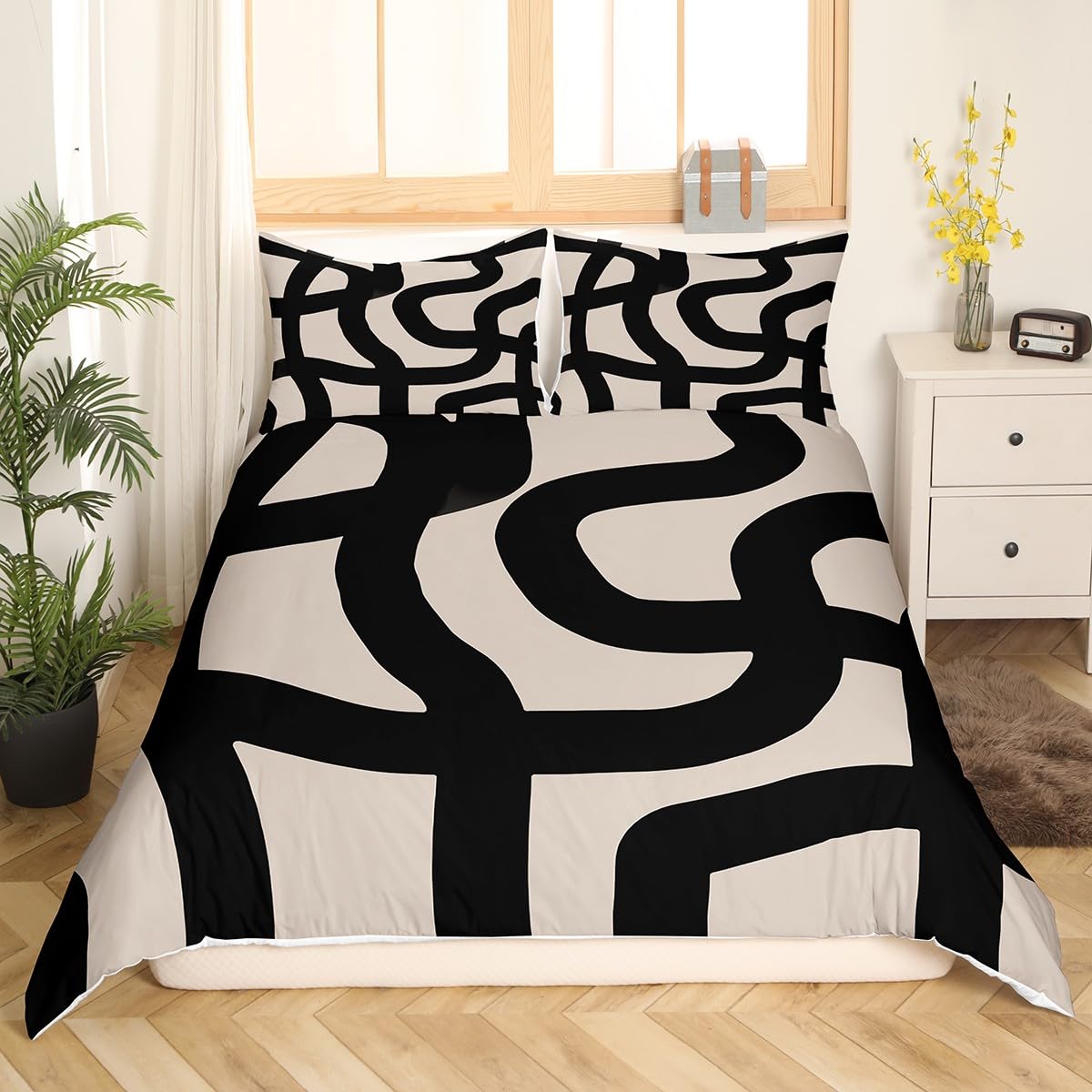 jejeloiu Black and Dark Tan Duvet Cover King Size Geometric Modern Bedding Set for Kids Abstract Neutral Art Comforter Cover Set Women Men Teens Geometry Home Decor Bedspread Cover,No Insert