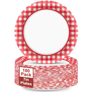 100pcs 7inch chriatmas red and white plates gingham checkered plaid tableware baby shower red gingham dessert disposable paper dinnerware for picnic barbecue baby shower birthday party decorations