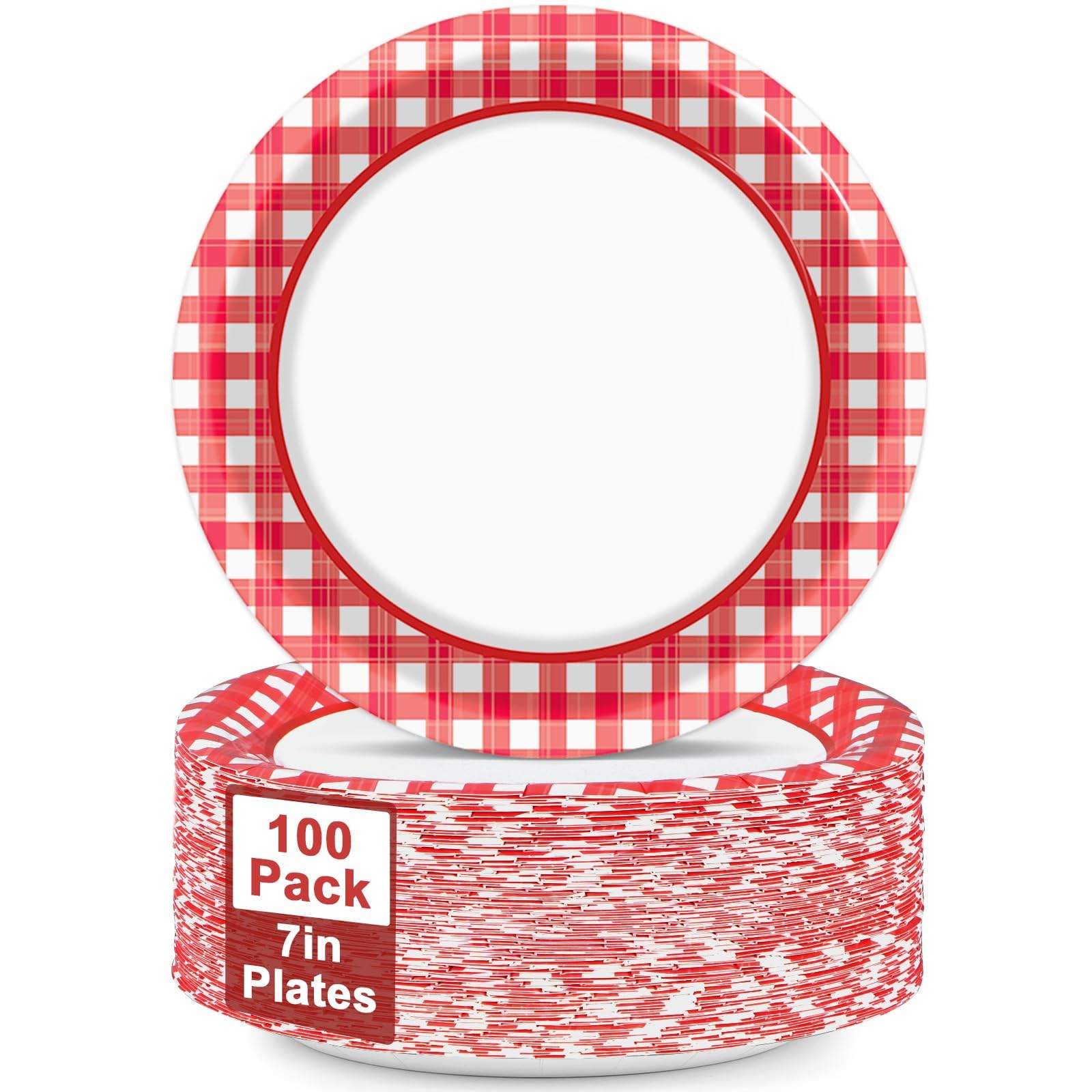 100pcs 7inch Chriatmas Red and White Plates Gingham Checkered Plaid Tableware Baby Shower Red Gingham Dessert Disposable paper Dinnerware for Picnic Barbecue Baby Shower Birthday Party Decorations