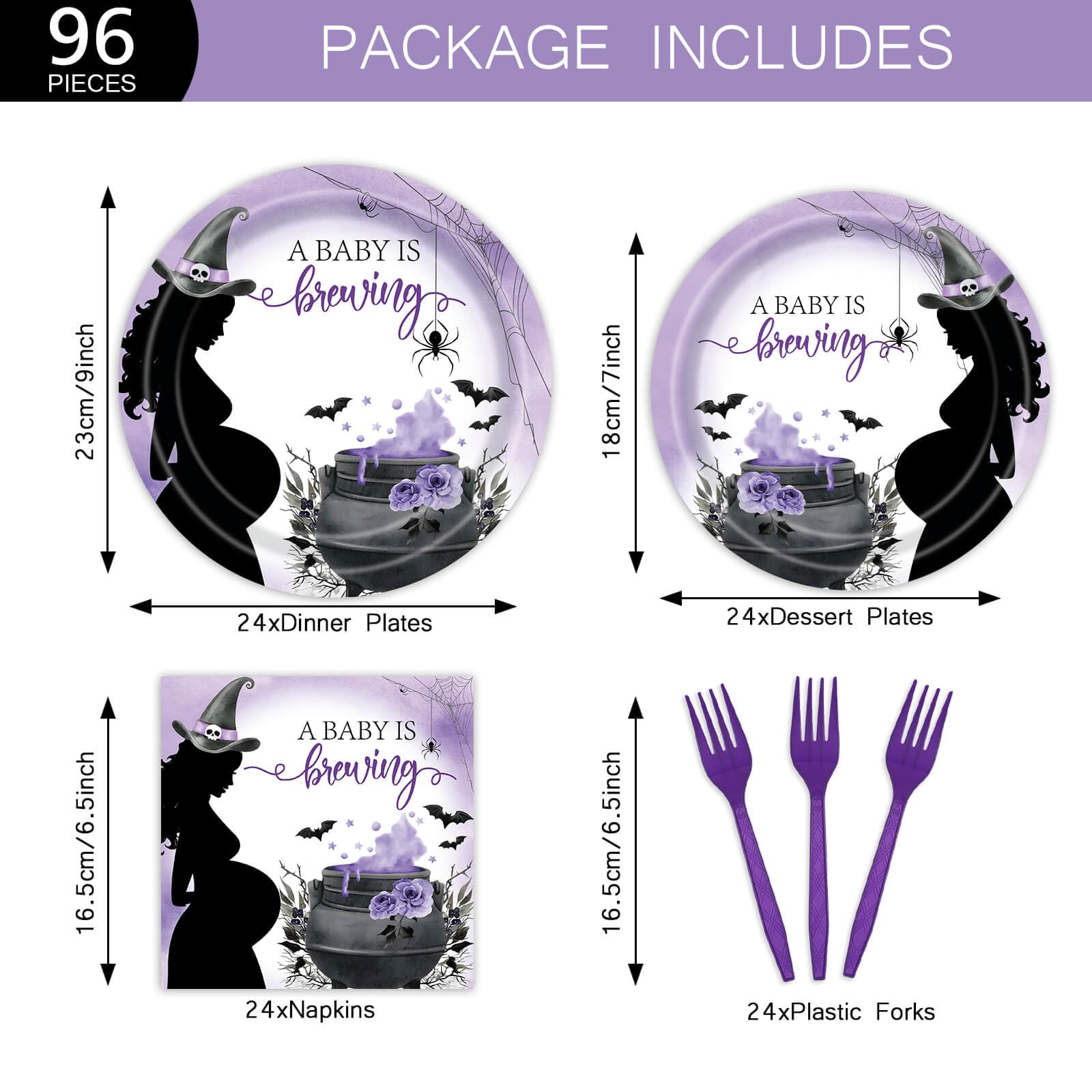 96Pcs Halloween Baby Shower Party Plates Supplies - A Baby is Brewing Halloween Party Tableware Decorations Gender Reveal Disposable Paper Plates Napkins Forks for for Baby Boy Girl Serves 24 Guests