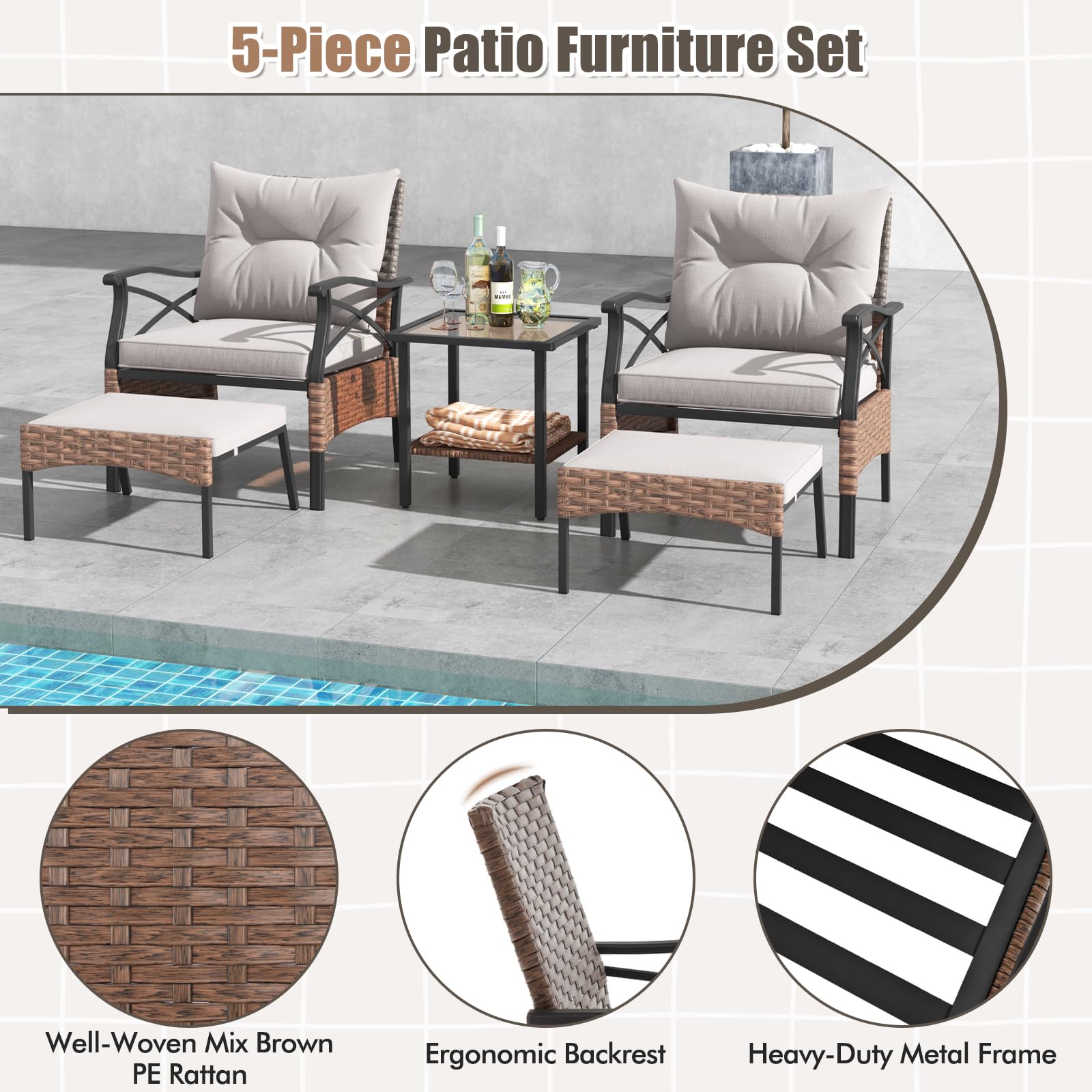 HAPPYGRILL 5 Pieces Patio Conversation Set, Outdoor Wicker Furniture Set with Armchairs, 2-Tier Coffee Table, 2 Ottomans and Cushions, Rattan Outdoor Chair Set for Backyard, Front Porch, Poolside