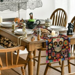 Artoid Mode Flowers Sugar Skull Mexican Day of The Dead Table Runner, Dia De Los Muertos Kitchen Dining Table Decoration for Home Party Decor 13x72 Inch