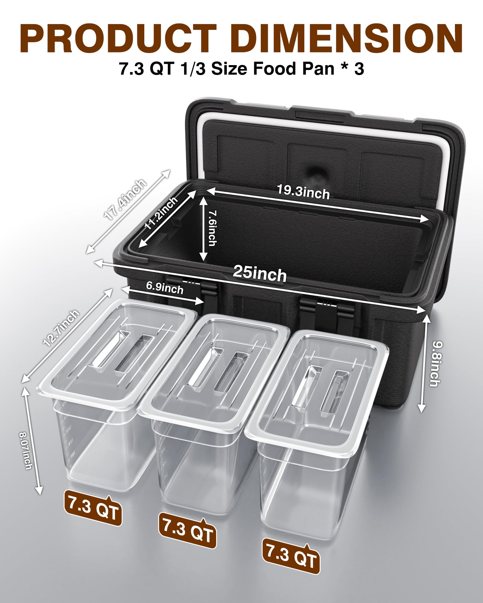 PYY Insulated Food Pan Carrier - 36QT Hot Box Food Warmer Box Stackable Top Load LLDPE Commercial Food Warmers with Three 1/3 Size PC Food Pans 4 Buckles for Restaurant Canteen Buffet Party Black