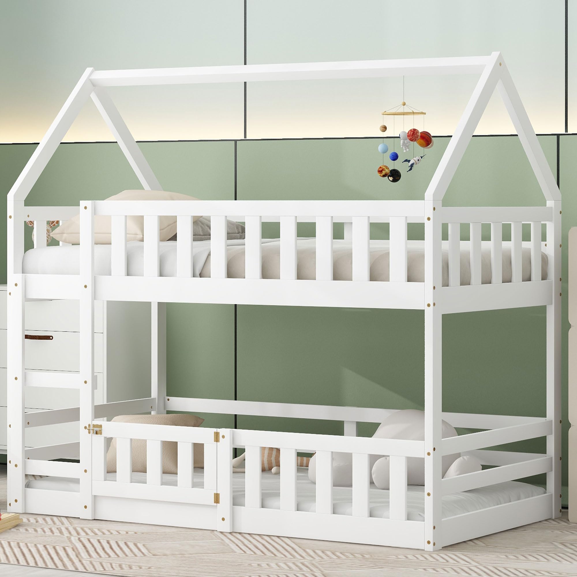 LUKEEHOM Bunk Bed Twin Over Twin House Bunk Bed with Fence and Door Wood Floor Bunk Bed for Boys Girls Teens, No Box Spring, Easy Assembly