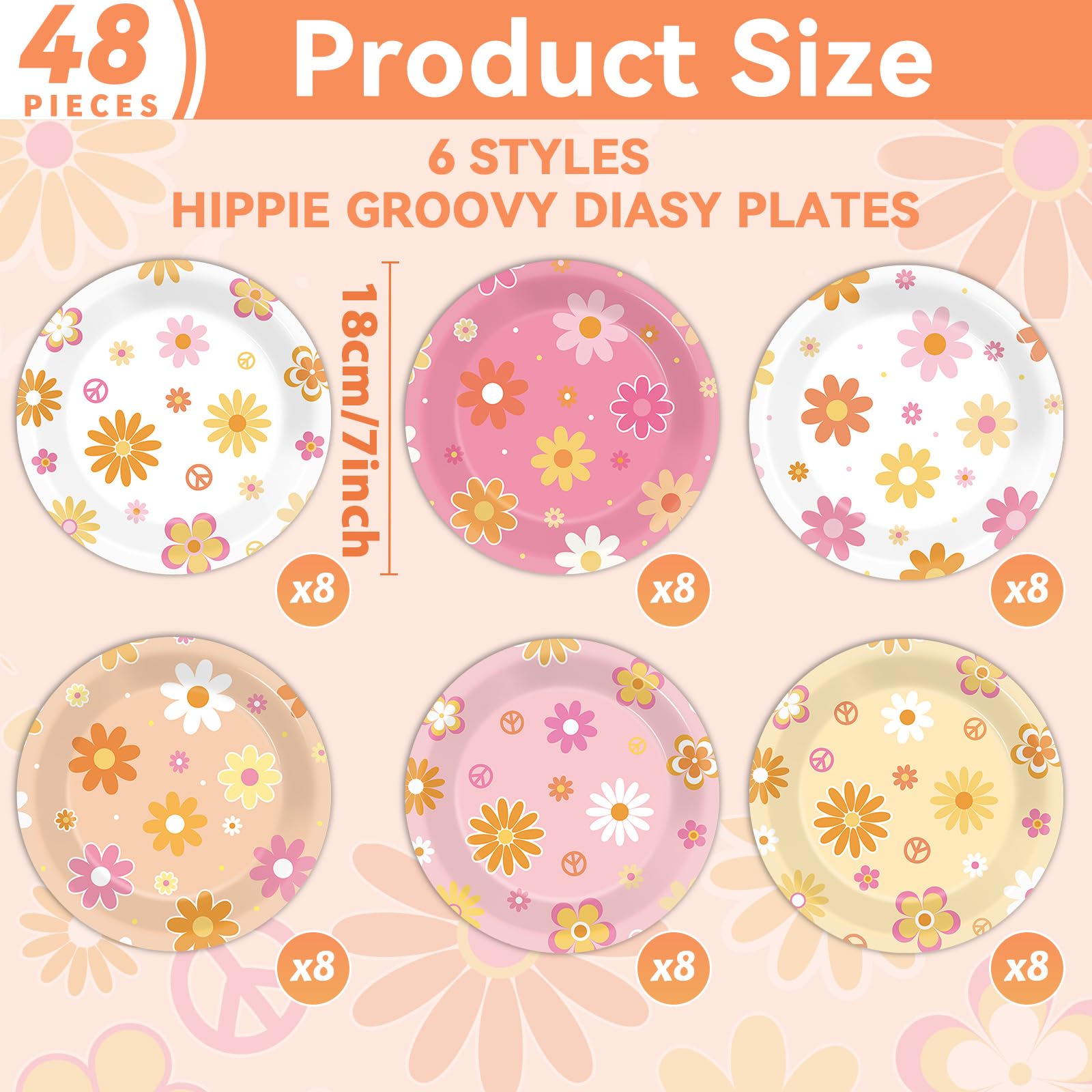 ojustbeok 48pcs Groovy Daisy Party Supplies Hippie Paper Plates Daisy Party Decorations Retro Daisy Plates Tableware Hippie Boho Flower Dessert Plates for Birthday Bridal Baby Shower Party Favor