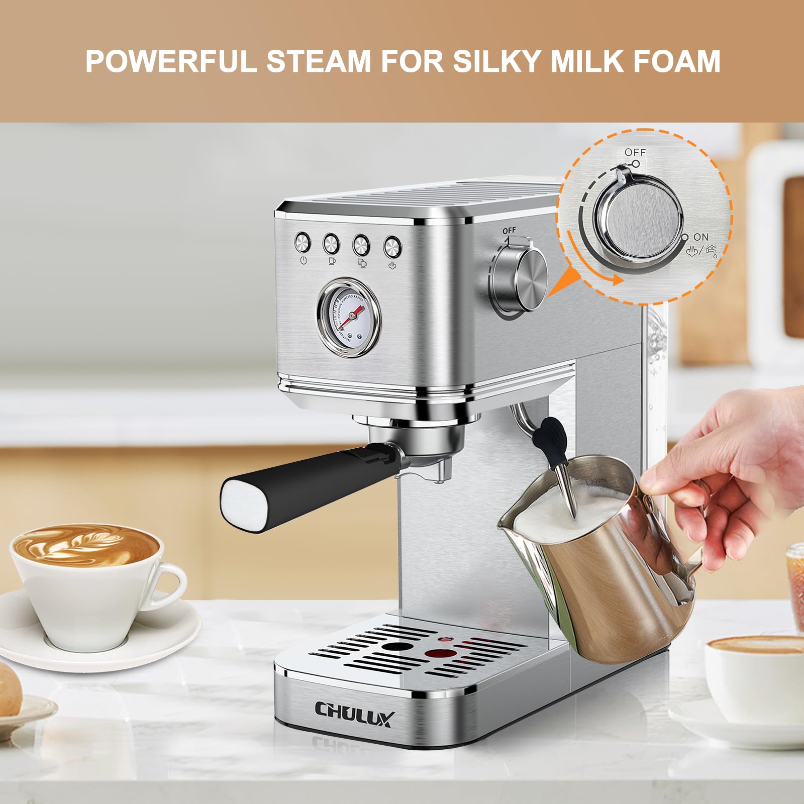 CHULUX Kom-Pro Espresso Machine 20 Bar, Semi Automatic Stainless Steel Coffee Machine for Home Latte Cappuccino Espresso Maker, Powerful Milk Frother Steam Wand