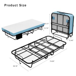 EtherealZYF Folding Bed with 5 Inch Mattress, 75x38 Twin Size Steel Frame Base, Memory Foam, Portable Foldable Roll Away Adult Bed with Lockable Wheels, Easy Assembly & Moving, Space-Saving Black