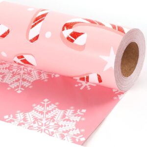 laribbons reversible christmas wrapping paper jumbo roll with pink pom pom, classic candy cane/snowflake gift wrap set for christmas, party, holiday celebration, 30 inch × 40 feet (100 sq. ft. ttl.)