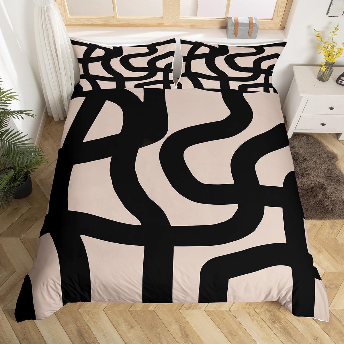 jejeloiu Black and Dark Tan Duvet Cover King Size Geometric Modern Bedding Set for Kids Abstract Neutral Art Comforter Cover Set Women Men Teens Geometry Home Decor Bedspread Cover,No Insert