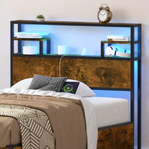 etherealzyf twin size headboard, metal and wood headboard with led light & storage & type c port & 2 outlets, storage rack, sturdy and stable, easy assembly rustic brown