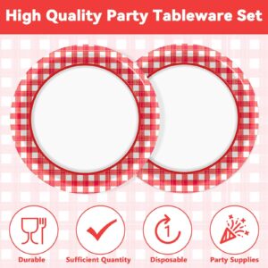 100pcs 7inch Chriatmas Red and White Plates Gingham Checkered Plaid Tableware Baby Shower Red Gingham Dessert Disposable paper Dinnerware for Picnic Barbecue Baby Shower Birthday Party Decorations