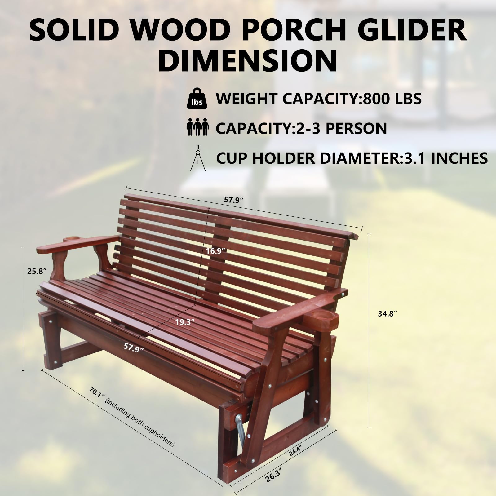 Beneouya 5FT Heavy Duty 800 LBS Porch Glider, Outdoor Glider Bench with Roll Back Pressure Treated with 2 Cupholders and Deep Contoured 2-Seater for Outside Patio, Yard, Balcony, Porch,Dark Brown