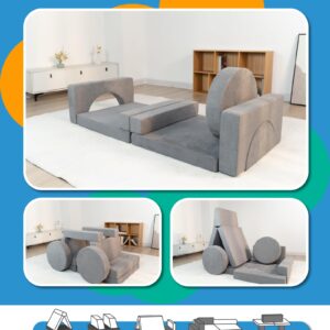 Manlilai Kids Sofa Couch 15PCS - Modular Toddler Play Couch with Removable Cover, Multifunctional Kids Couch for Playroom Bedroom - Convertible Foam Toddler Sofa for Girls and Boys (Gray)