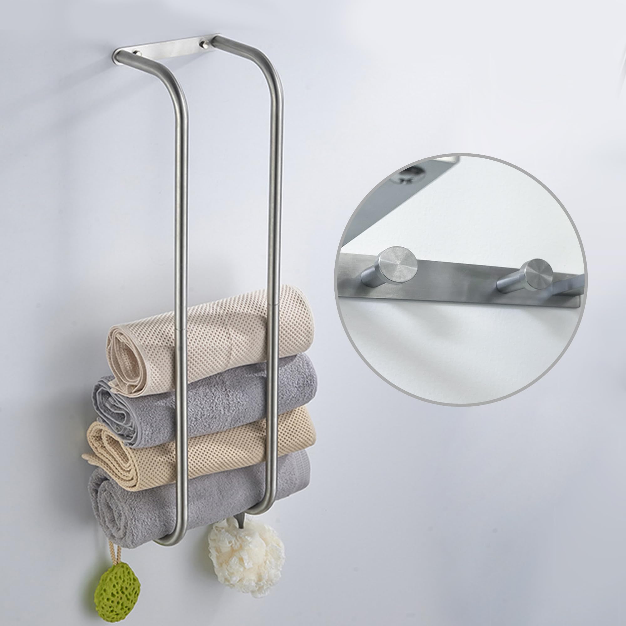 Towel Racks for Bathroom, Towel Holder for Bathroom Wall, Bathroom Towel Holder with Hooks, 304 Stainless Steel Bathroom Towel Rack Wall Mounted for Storing Towels, Robes, Silver