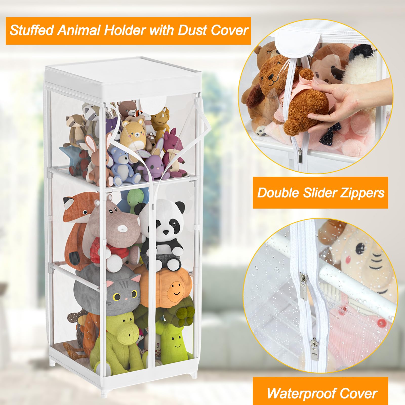 Stuffed Animal Zoo Storage Organizer, Stuffed Animal Holder with Waterproof＆Dust Cover, Extra Large Stuffed Animal Storage Tube with Zipper, Plush Toy Storage Organizer for Nursery, Bedroom, Playroom