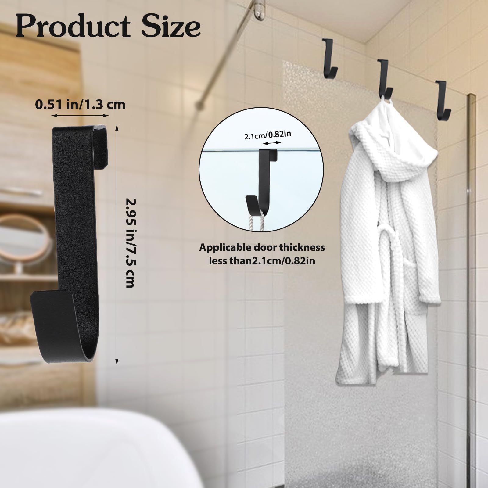 COMNICO 5 Pack Shower Door Hooks, Towel Hook Over Bathroom Frameless Glass Door 0.82in(2.1cm) Heavy Duty Stainless Steel Shower Squeegee Hooks for Hanging Robe Clothing Brush, Matte Black